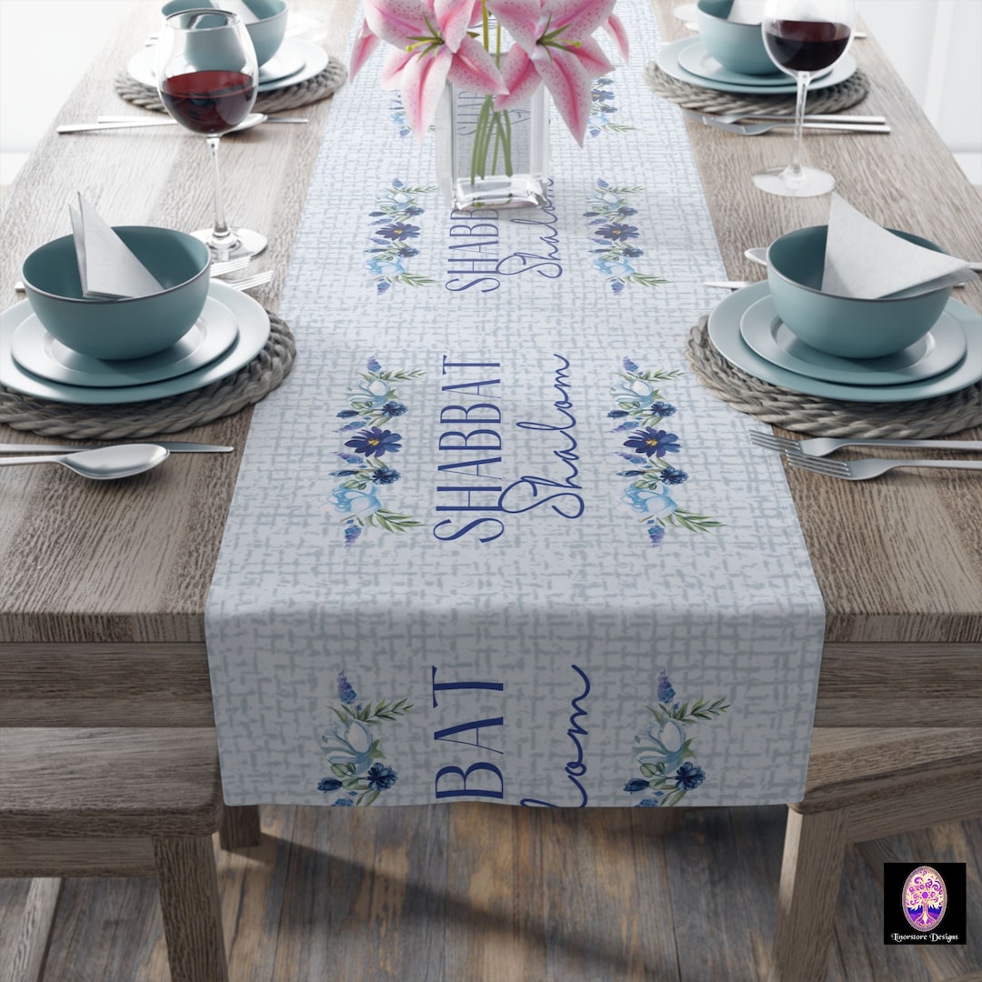 Shabbat Shalom Blue Floral Table Runner, Jewish Holiday Table Cover ...
