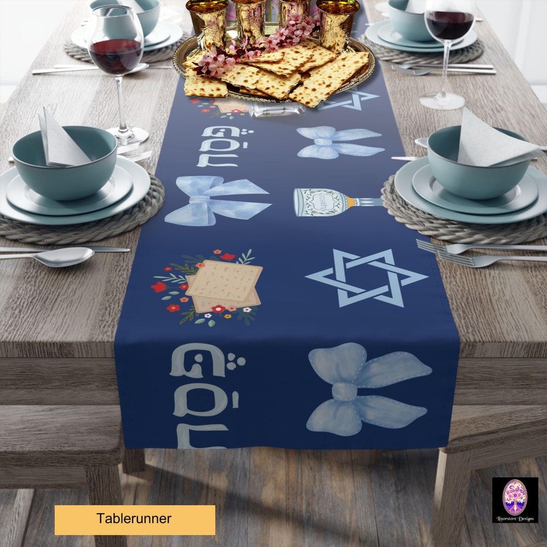 Passover Table Runner, Blue Bows Coquette Style, Pesach Seder, Cloth ...