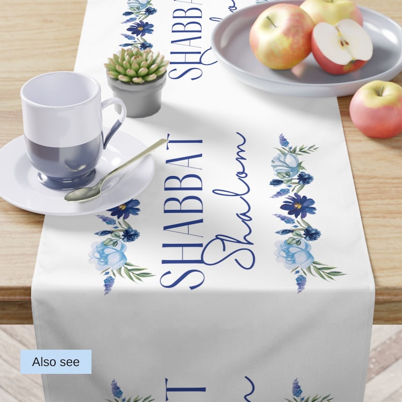 Shabbat Shalom Table Runner, Shabbos Blue Floral Holiday Table Napkins ...