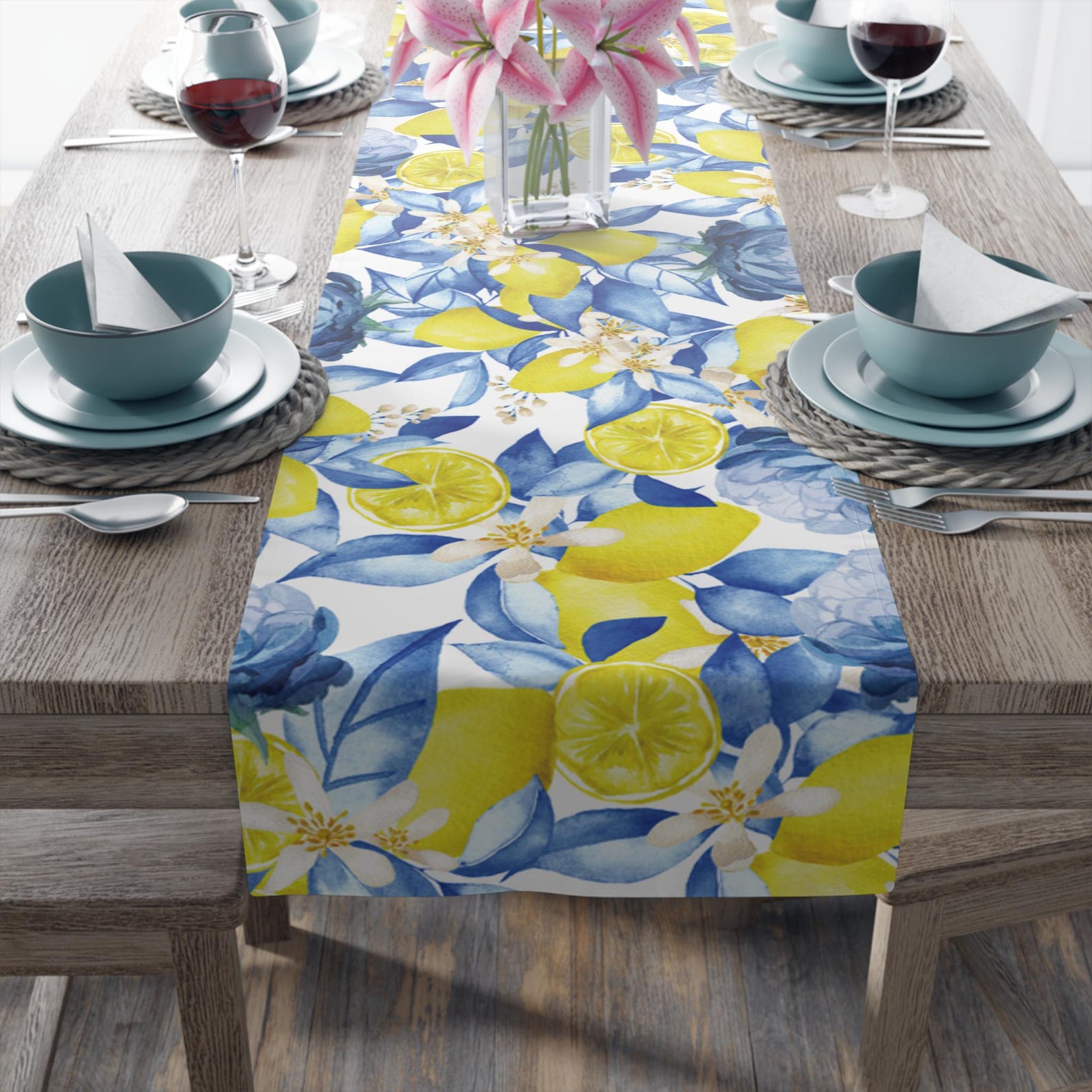 Amalfi Coast Yellow Lemons and Blue Flowers Cloth Table Runner ...