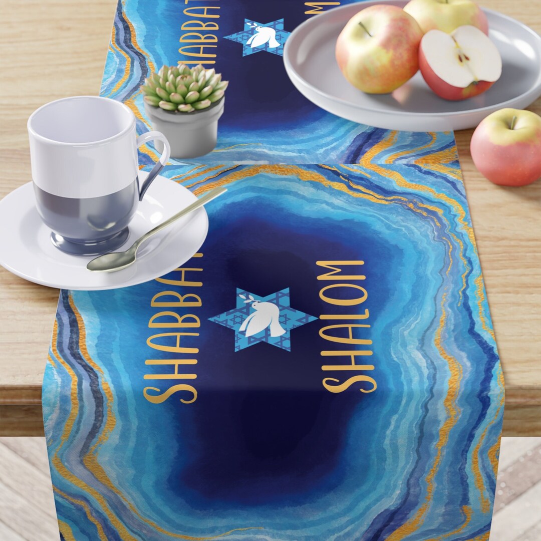 Shabbat Shalom Blue Geode Dove Table Runner, Shabbos Holiday Table ...