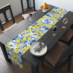 Amalfi Coast Yellow Lemons and Blue Flowers Cloth Table Runner ...