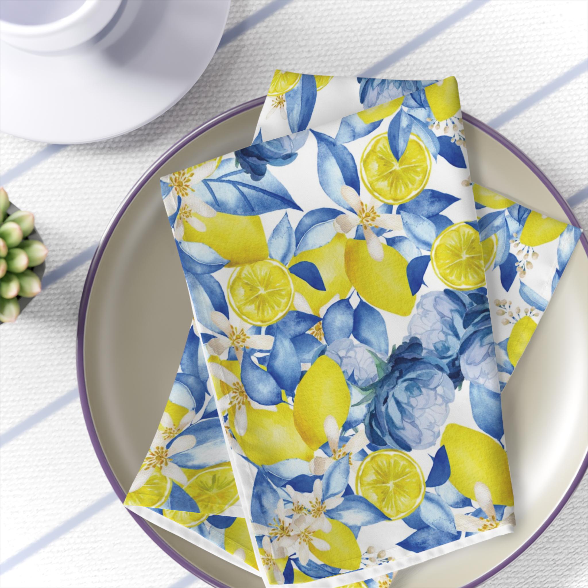 Amalfi Coast Yellow Lemons and Blue Flowers Cloth Table Runner ...