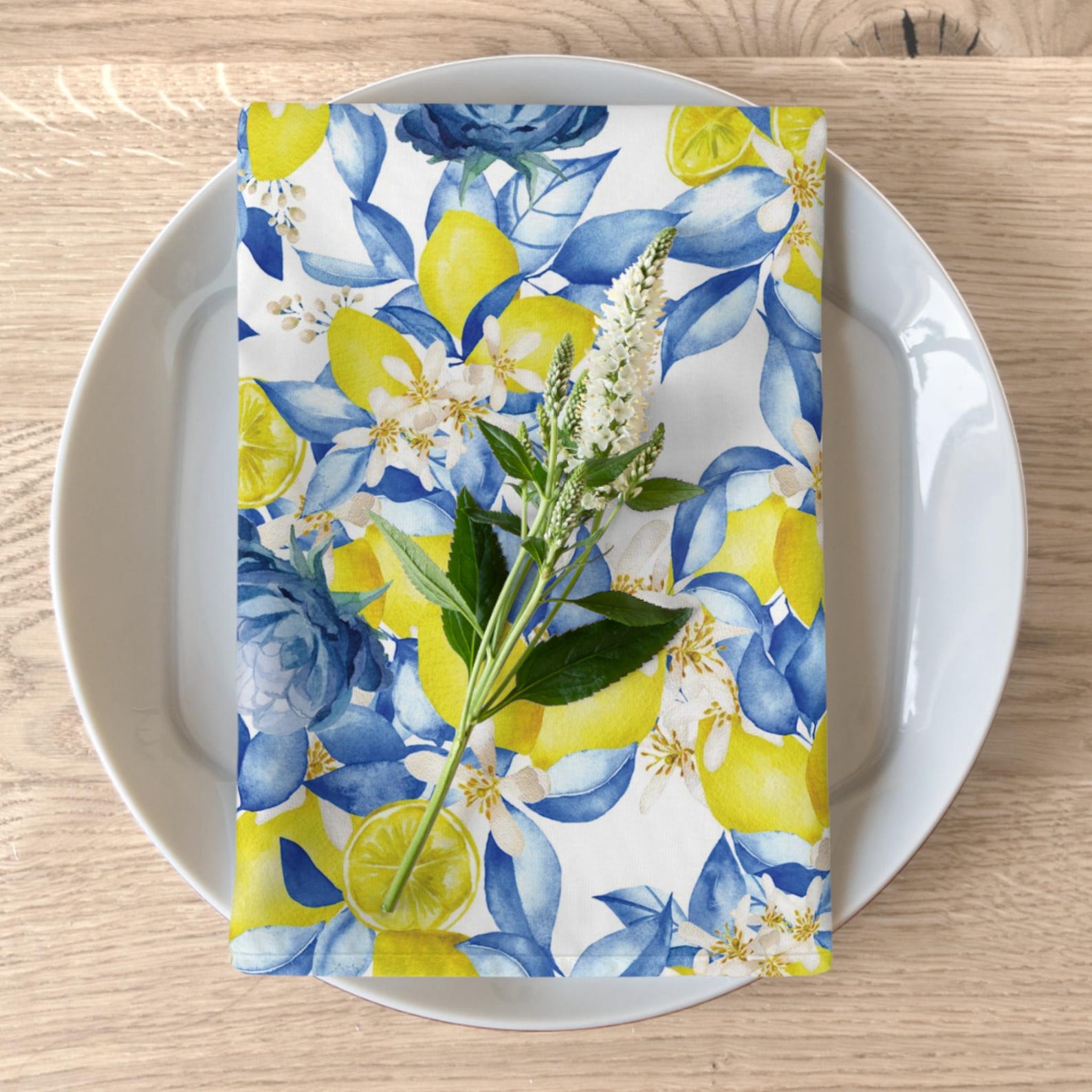 Amalfi Coast Yellow Lemons and Blue Flowers Cloth Table Runner ...