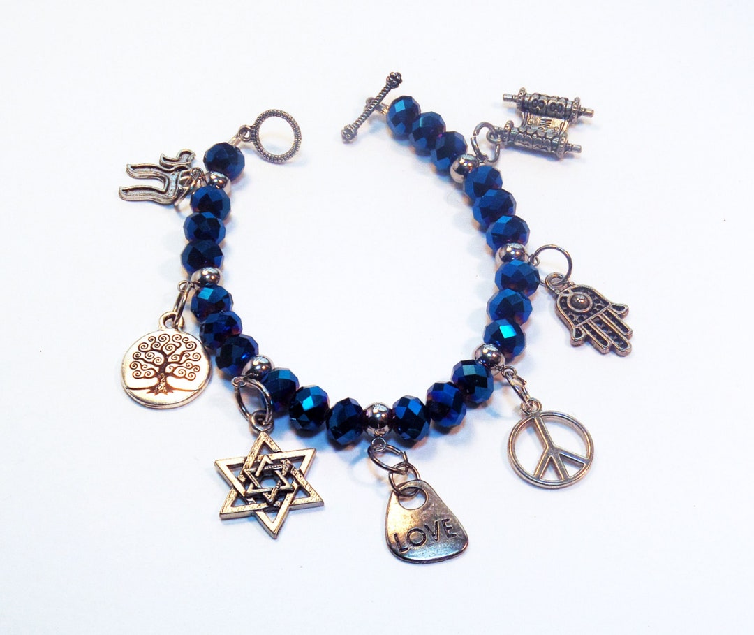 Star of David Metallic Blue Jewish Charm Bracelet Beaded - Etsy