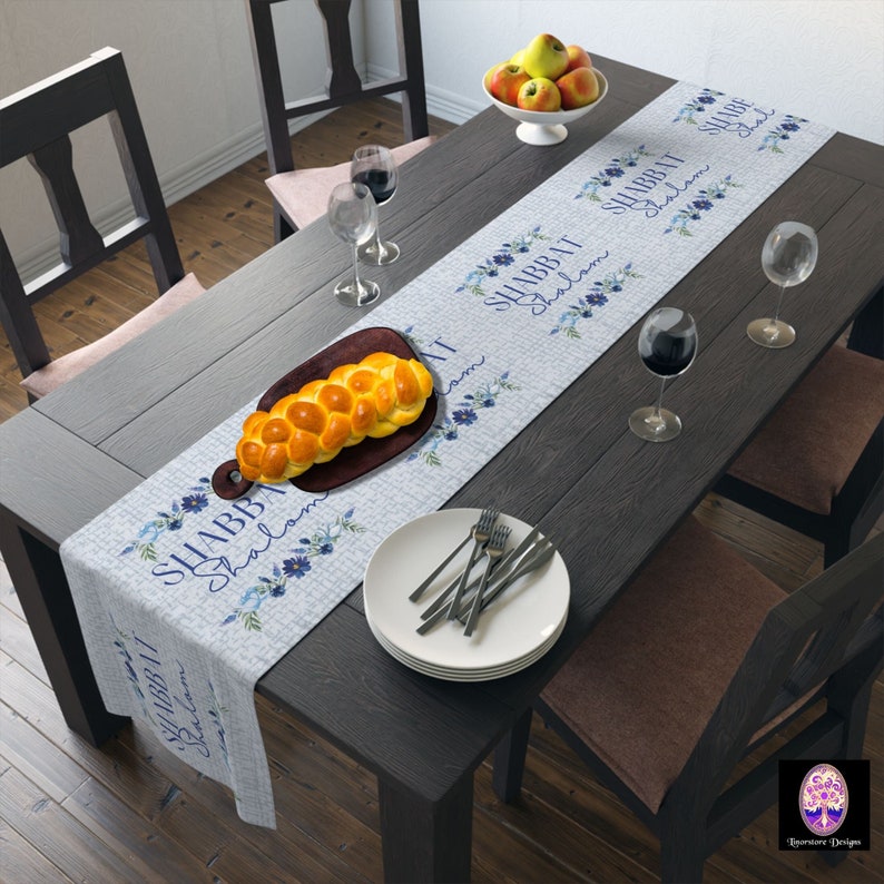 Shabbat Shalom Blue Floral Table Runner, Jewish Holiday Table Cover ...