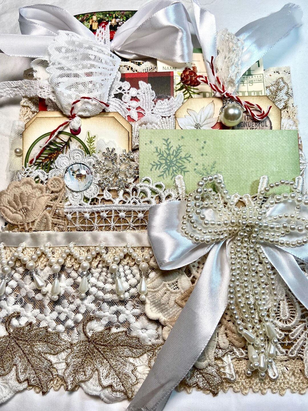 Handmade Lace and Ephemera Christmas Pockets Stuffed Tags Cards Junk ...