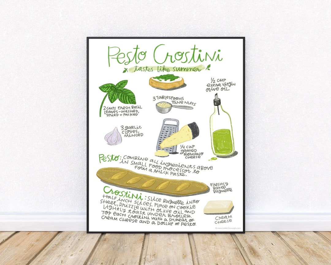Pesto Crostini Illustrated Recipe Wall Art, Appetizer Recipe, Summer ...