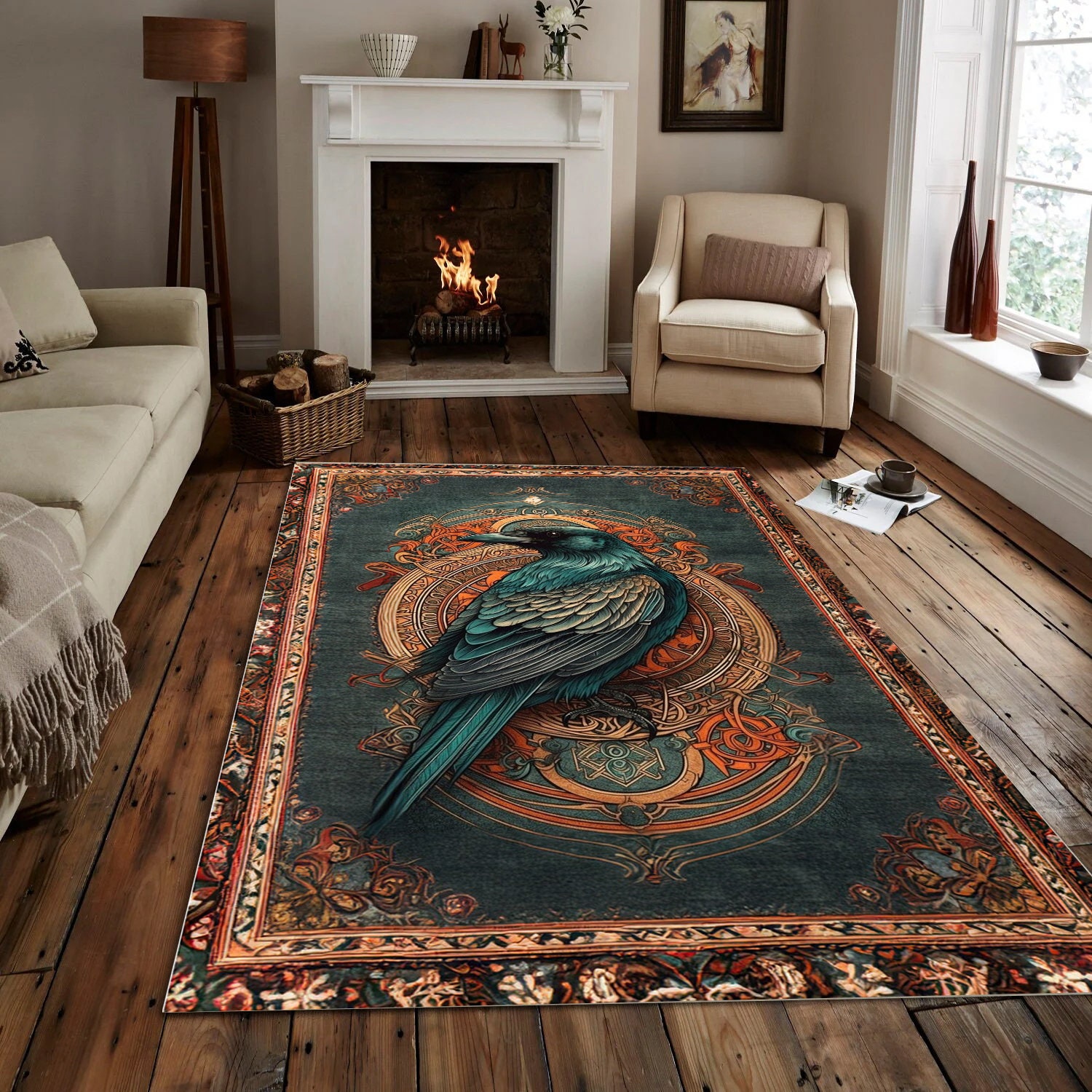 Raven Rug Goth Room Decor, Vintage Raven Rug in Clasical Ornaments ...