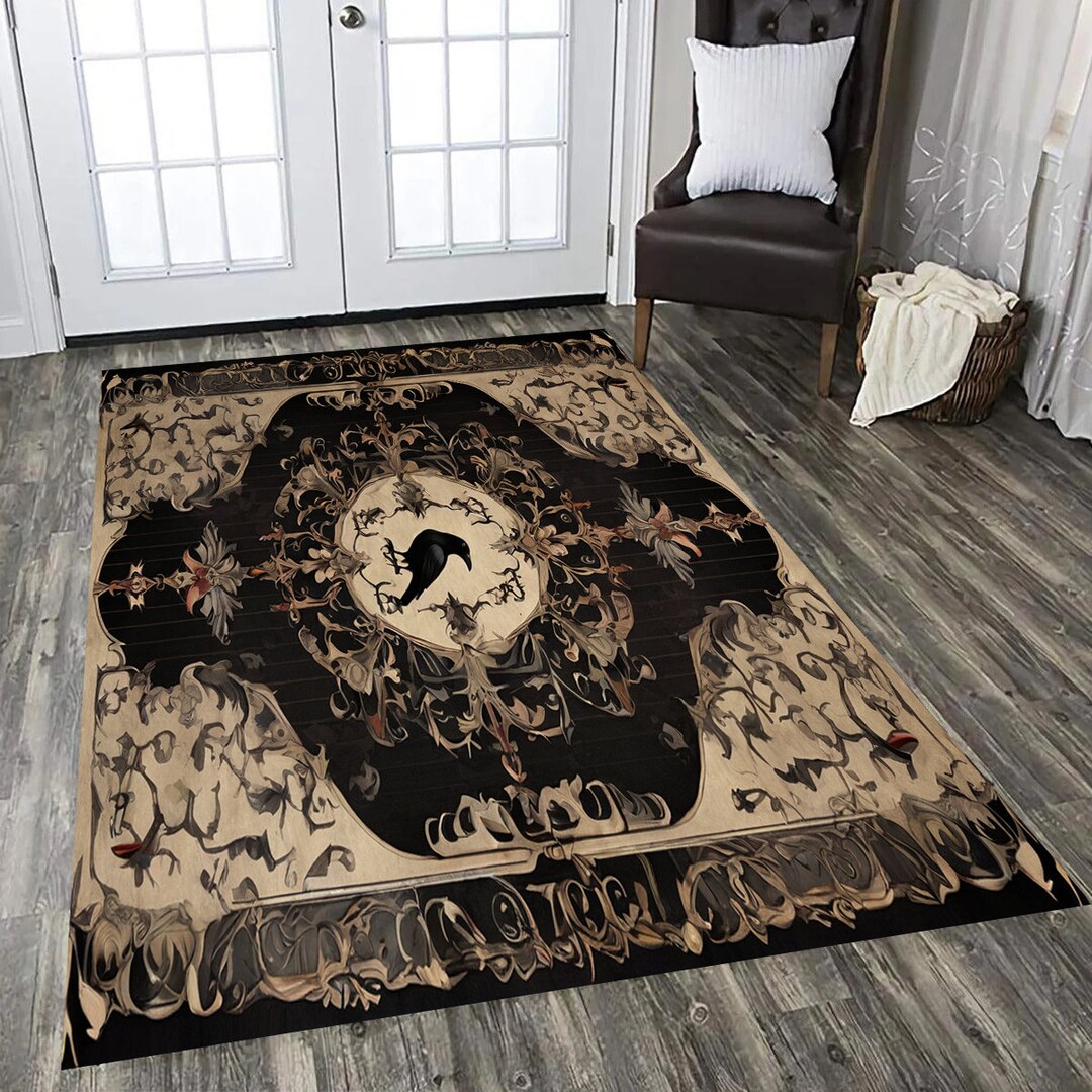 Gothic Rug Raven Decor, Vintage Raven Rug in Clasical Ornaments, Witchy ...