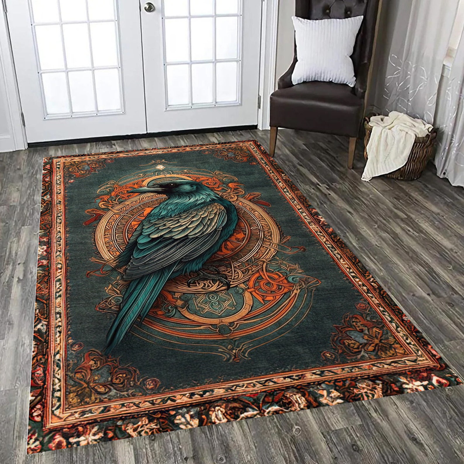 Raven Rug Goth Room Decor, Vintage Raven Rug in Clasical Ornaments ...
