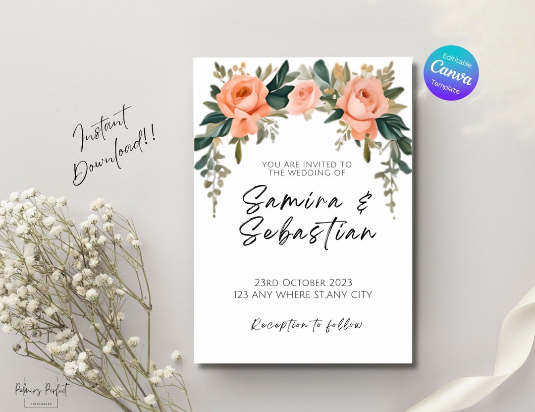 Elegant Pink Rose Wedding Invitation Template | Editable & Printable - Etsy