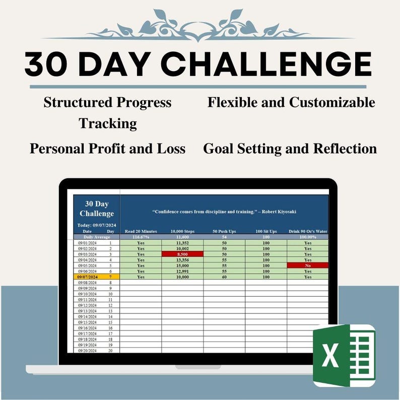 Excel 30 Day Challenge Tracker - Goals Progress Success - Etsy