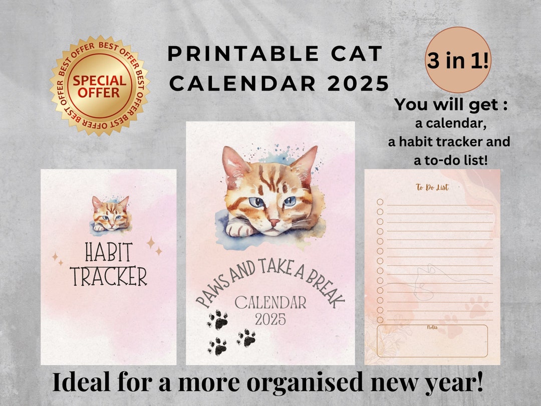 Cute Cat Calendar 2025, Cats Monthly Calendar, Adorable Printable ...
