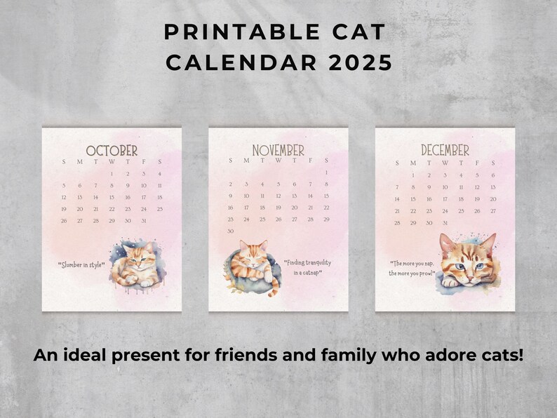 Cute Cat Calendar 2025, Cats Monthly Calendar, Adorable Printable ...