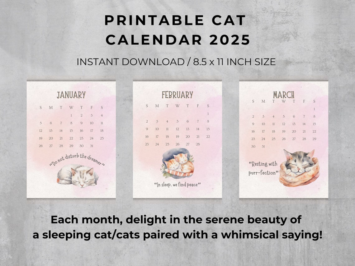 Cute Cat Calendar 2025, Cats Monthly Calendar, Adorable Printable ...