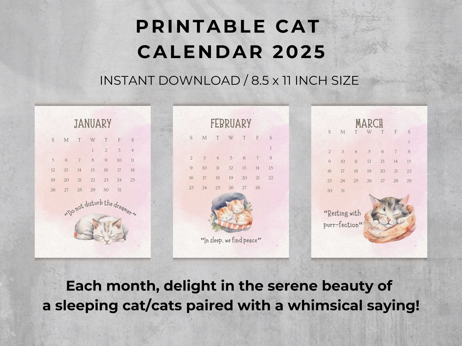 Cute Cat Calendar 2025, Cats Monthly Calendar, Adorable Printable ...