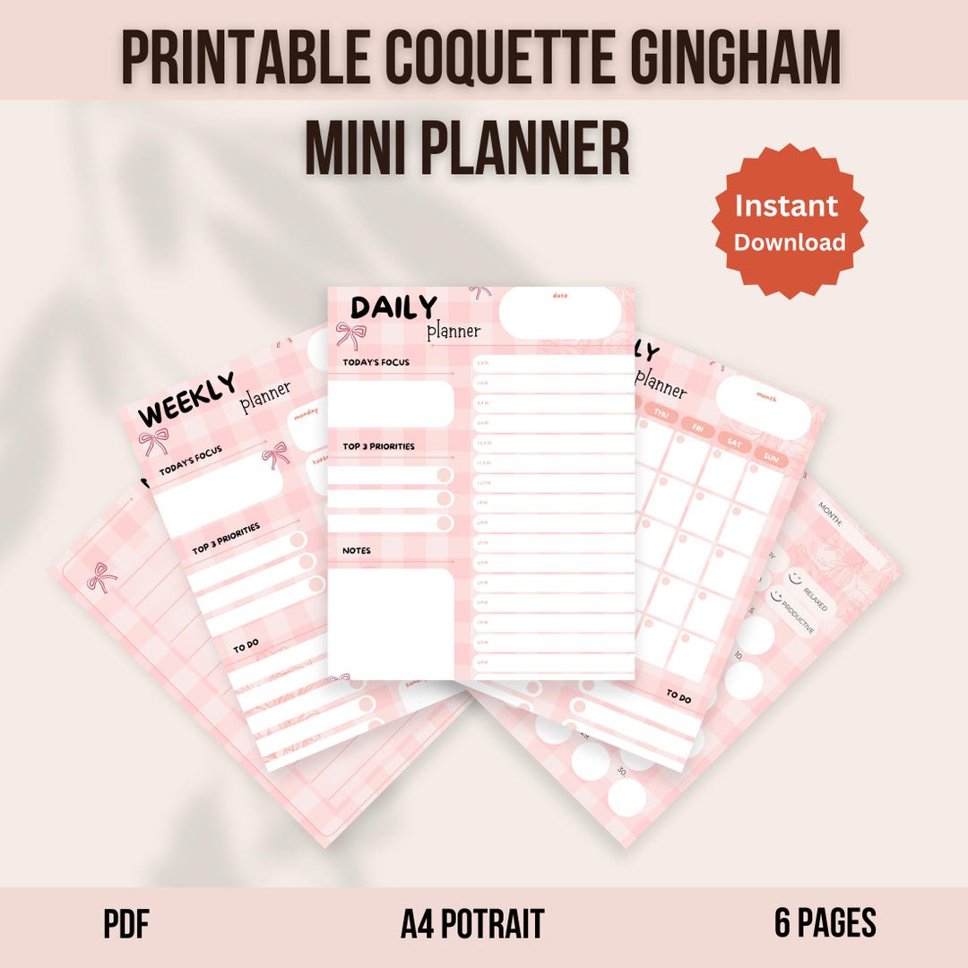 Printable Coquette Gingham Mini Planner – Gingham Pink Digital Planner ...