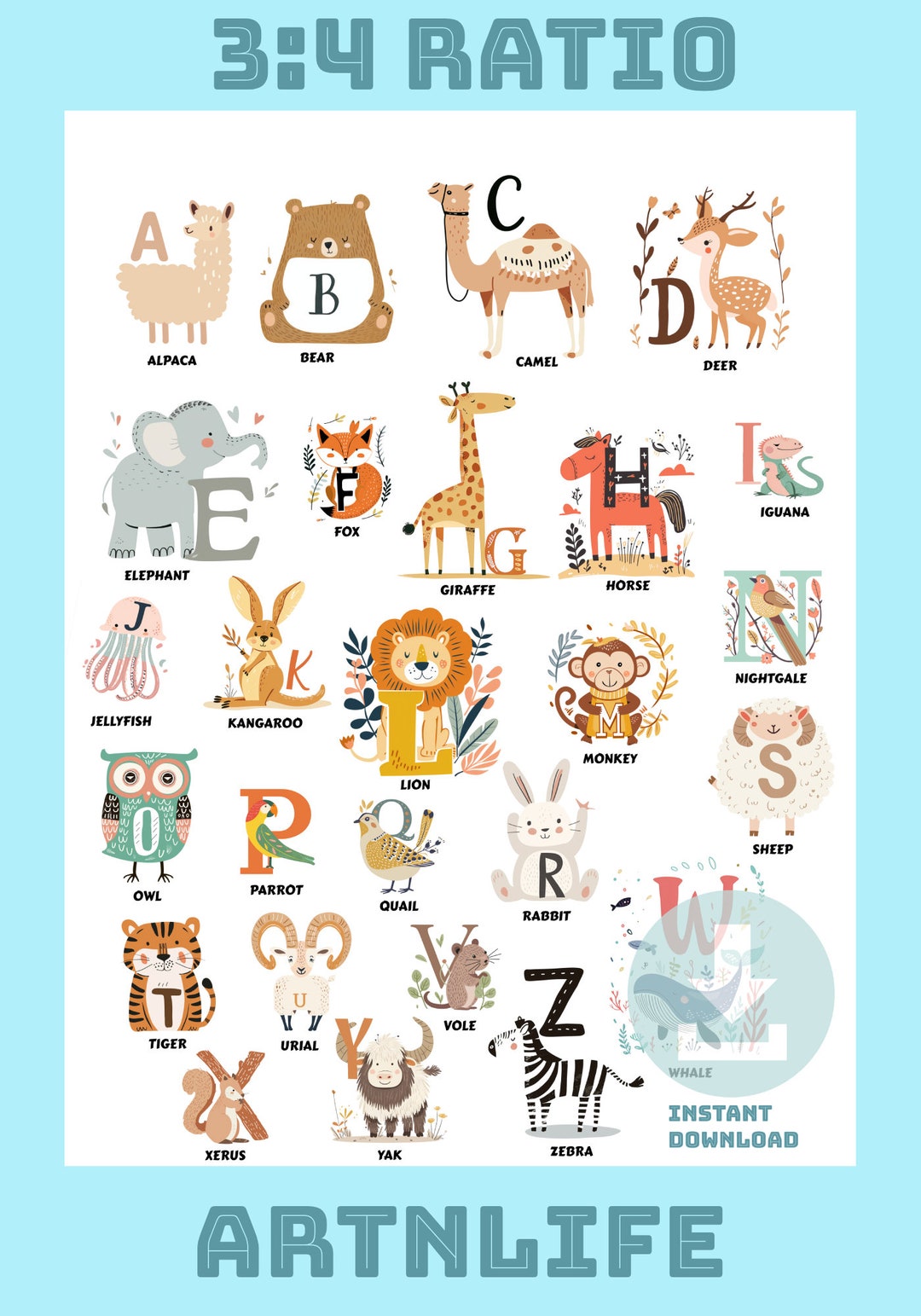 Animal Alphabet Educational ABC Classroom Poster, Printable Wall Art ...
