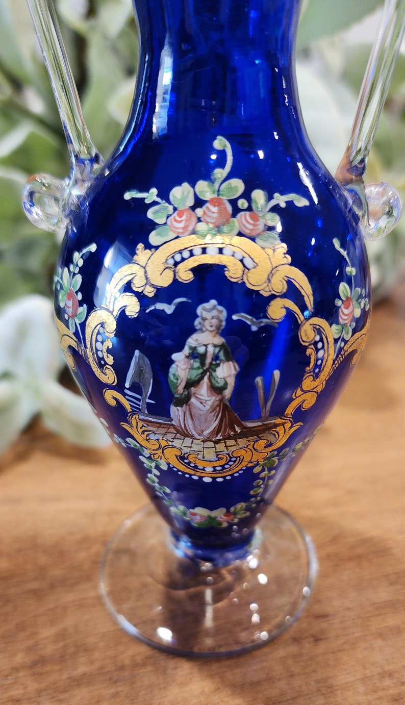 Vintage Murano Cobalt Blue Venetian Glass Bud Vase Handpainted Gold ...