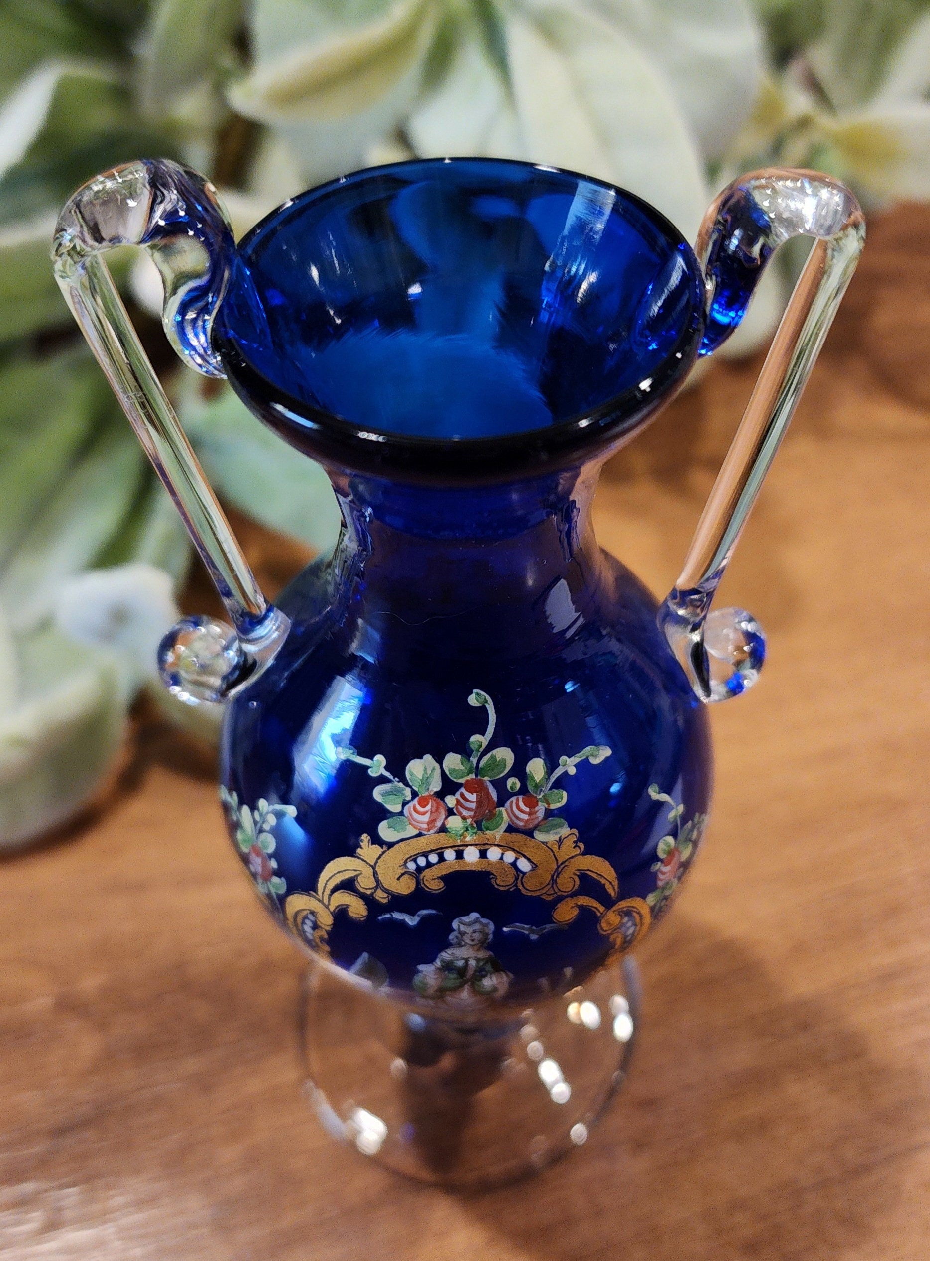 Vintage Murano Cobalt Blue Venetian Glass Bud Vase Handpainted Gold ...