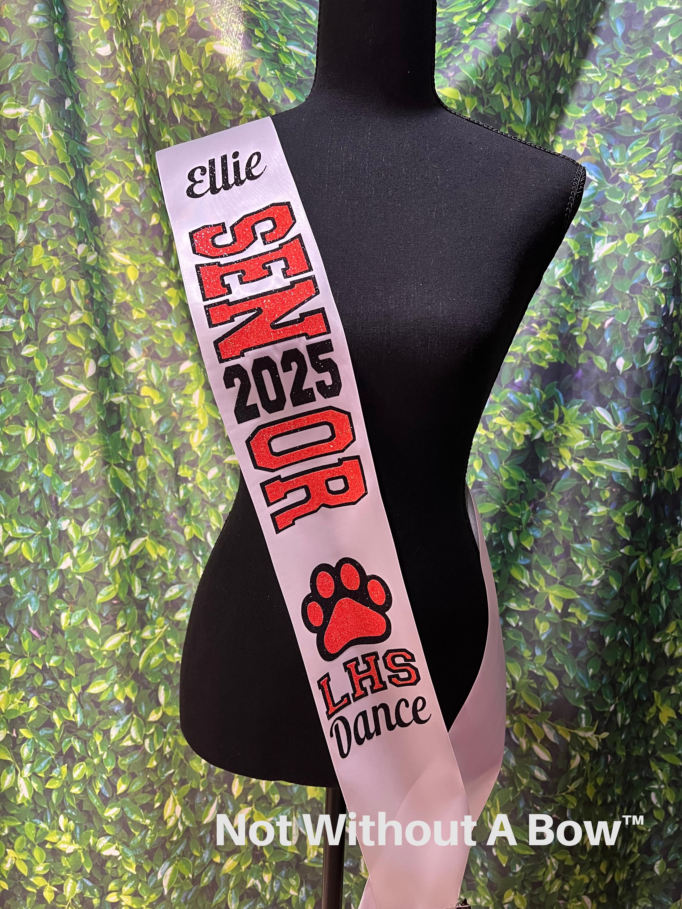 Wide Outline Text Senior Sash - Cheer Paw Dance Basketball Soccer ...