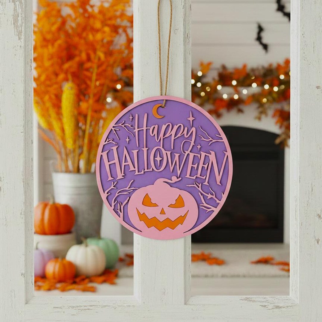 Pastel Halloween Door Hanger, Purple and Pink Pumpkin Welcome Sign - Etsy