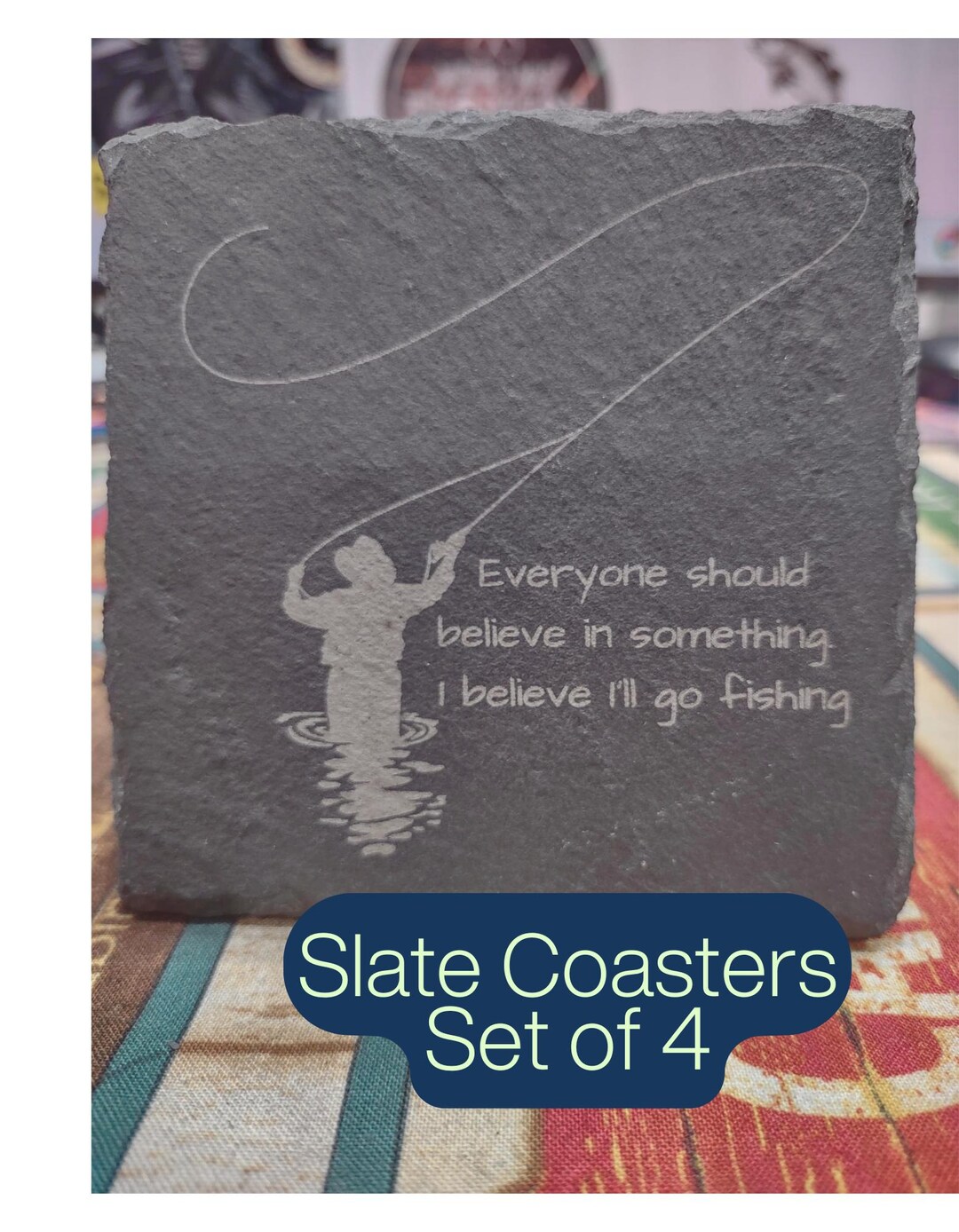 Slate Fly Fishing Coaster Set: Rustic Trout Angler Fisherman Gift - Etsy