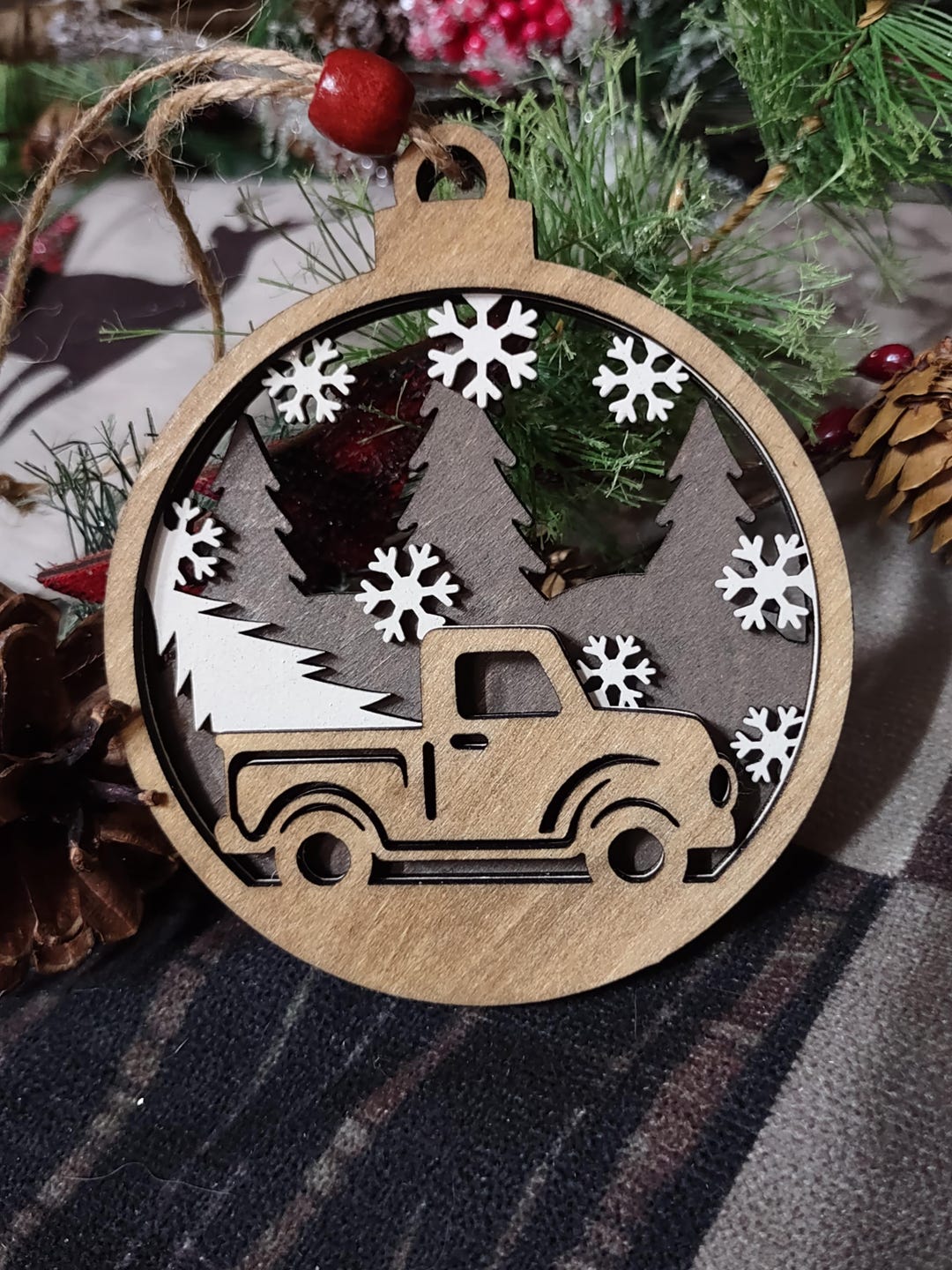 4 Handmade Christmas Ornaments, Tree, Laser Cut Wood Ornament, 3D ...