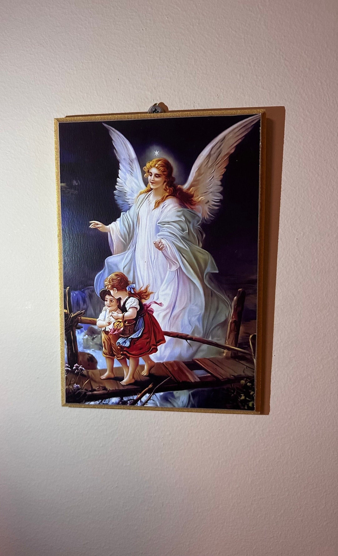 Beautiful Guardian Angel Watching Over Children on Bridge Wall Picture ...