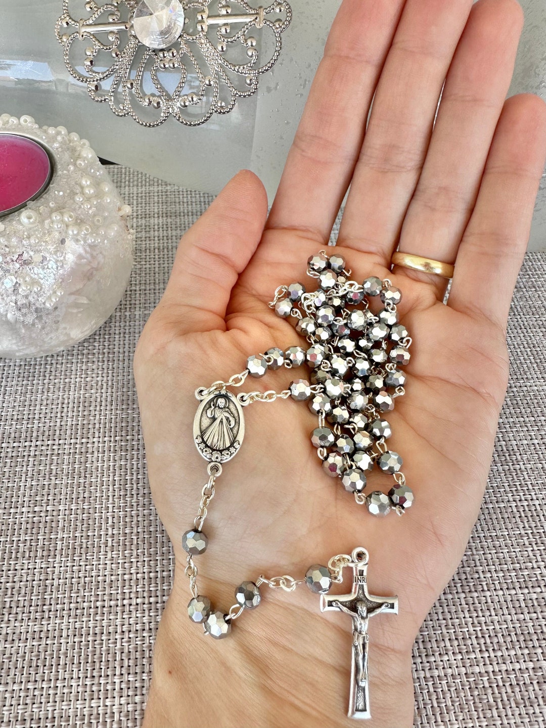 Handmade Elegant Shiny Medjugorje Silver Beads Rosary | Medjugorje 3x Peace Cross | Our Lady of ...