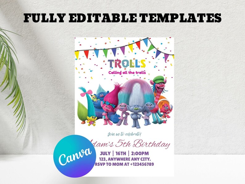 Troll Birthday Invitation Card / Editable Birthday / Kids Birthday ...