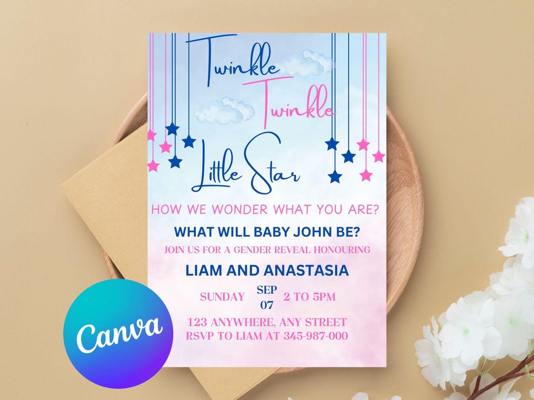 EDITABLE Twinkle Little Star Baby Shower Invitation, Sky, Stars ...