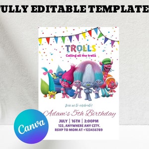Troll Birthday Invitation Card / Editable Birthday / Kids Birthday ...