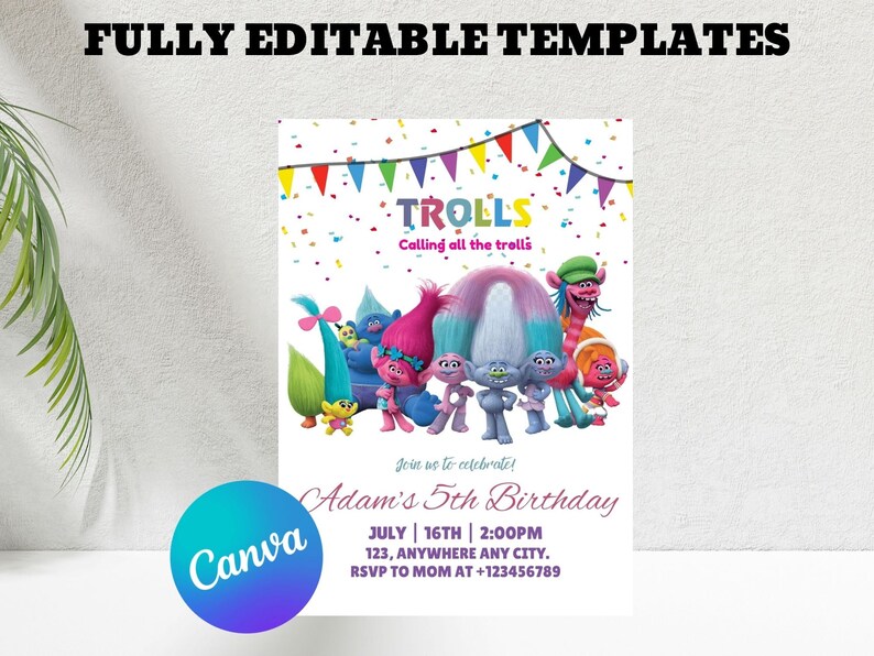 Troll Birthday Invitation Card / Editable Birthday / Kids Birthday ...