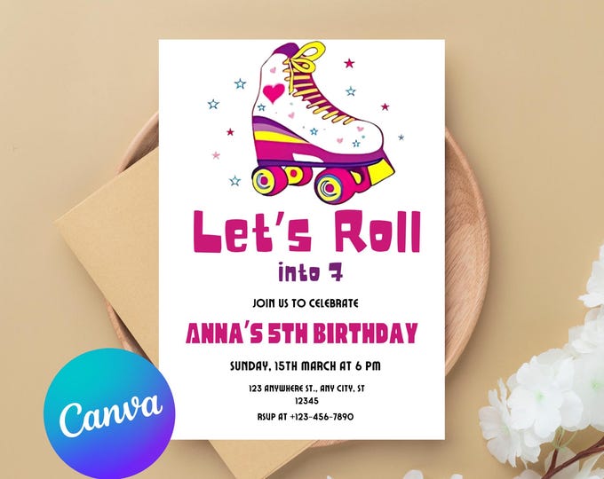 Editable Roller Skate Birthday Party Invitation Let's Roll Skating Kids ...
