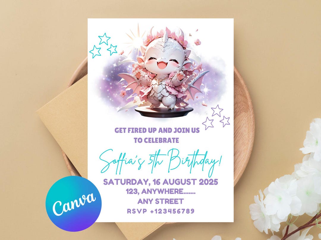Editable Girly Dragon Birthday Invitation for Girls Dragon Themed ...