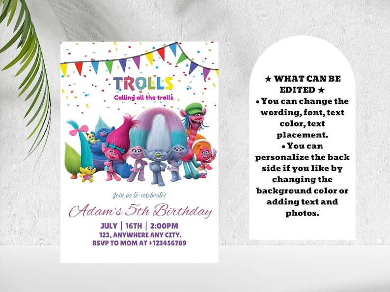 Troll Birthday Invitation Card / Editable Birthday / Kids Birthday ...