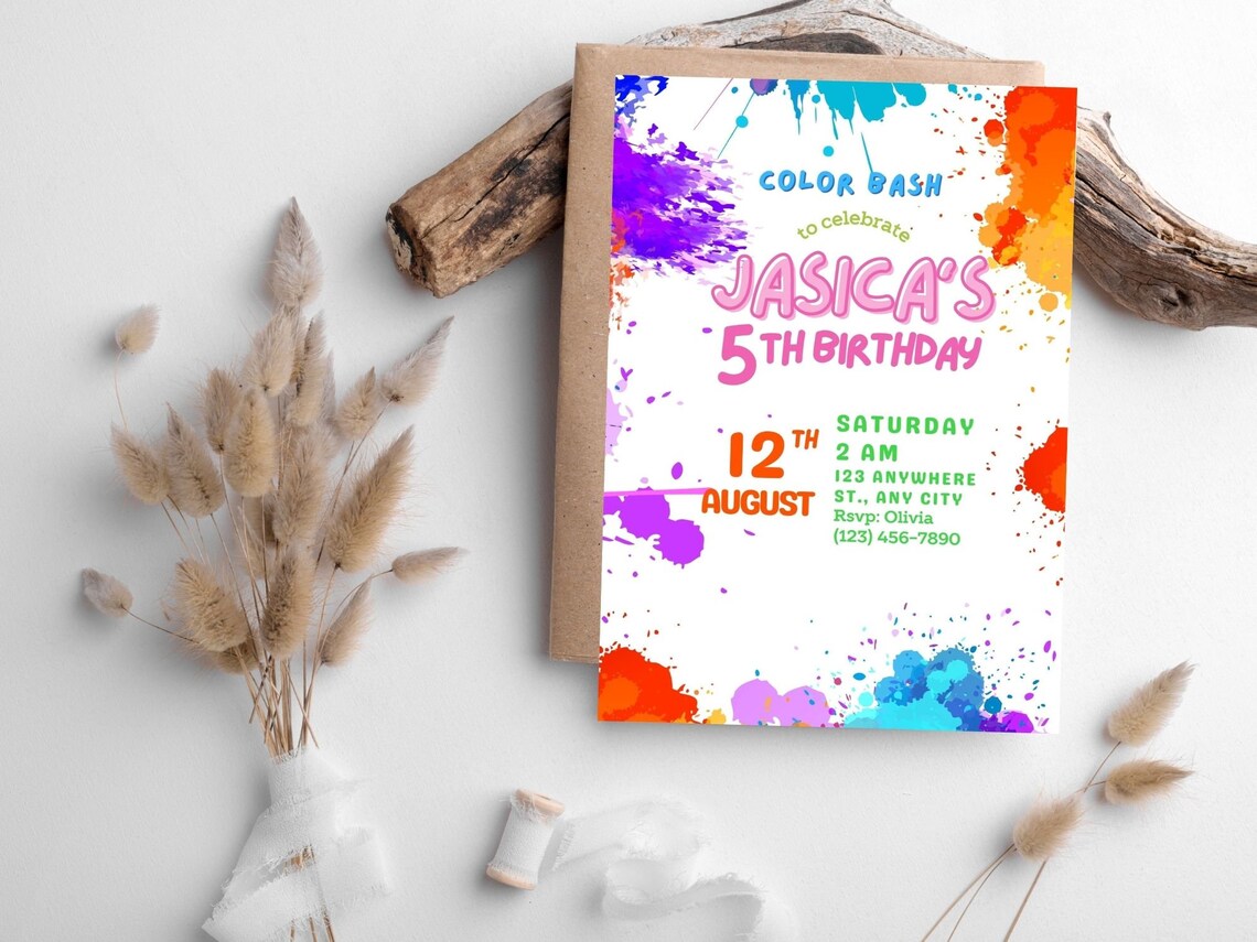 Color Party Invitations, Colour Splash Party, Rainbow Invite, Coloring ...