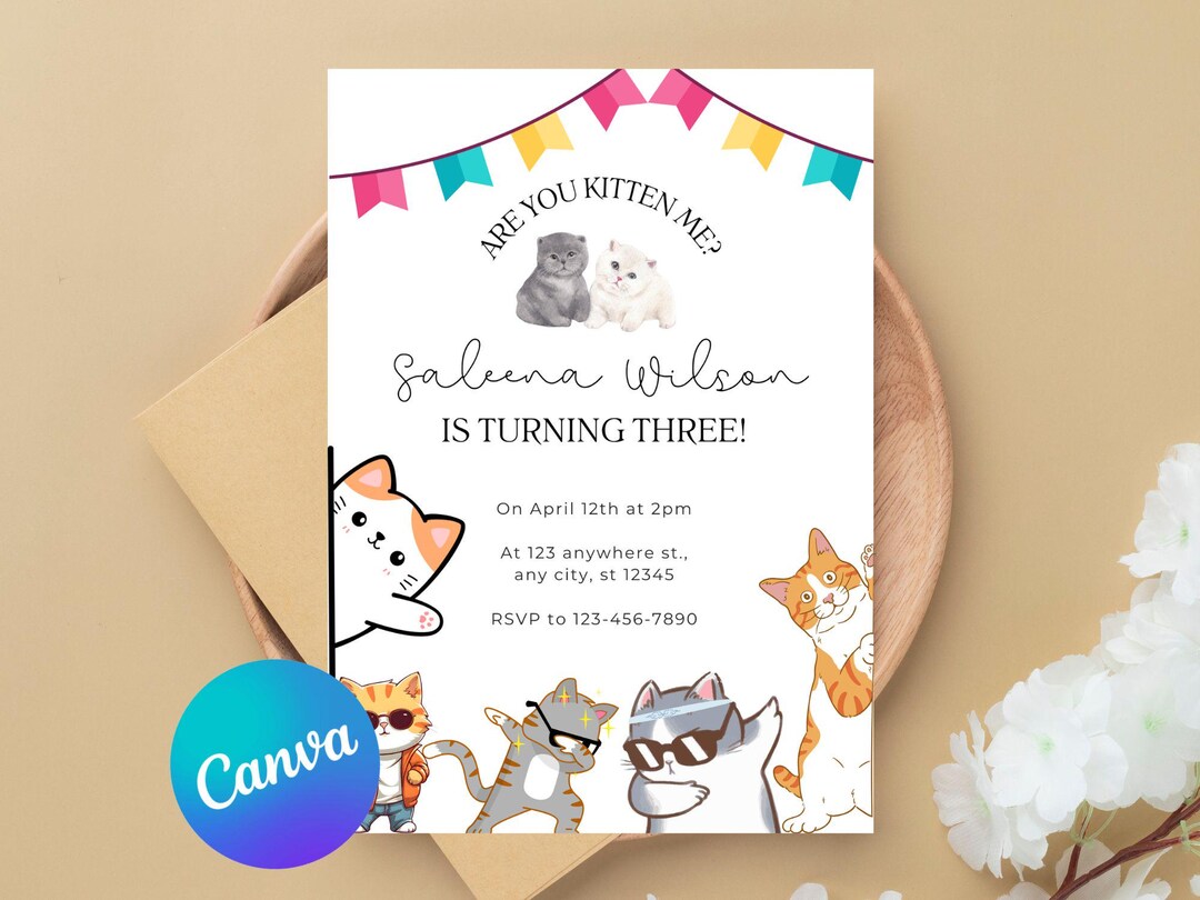 Cat Themed Birthday Invitation, Cat Birthday Invite, Cat Birthday ...