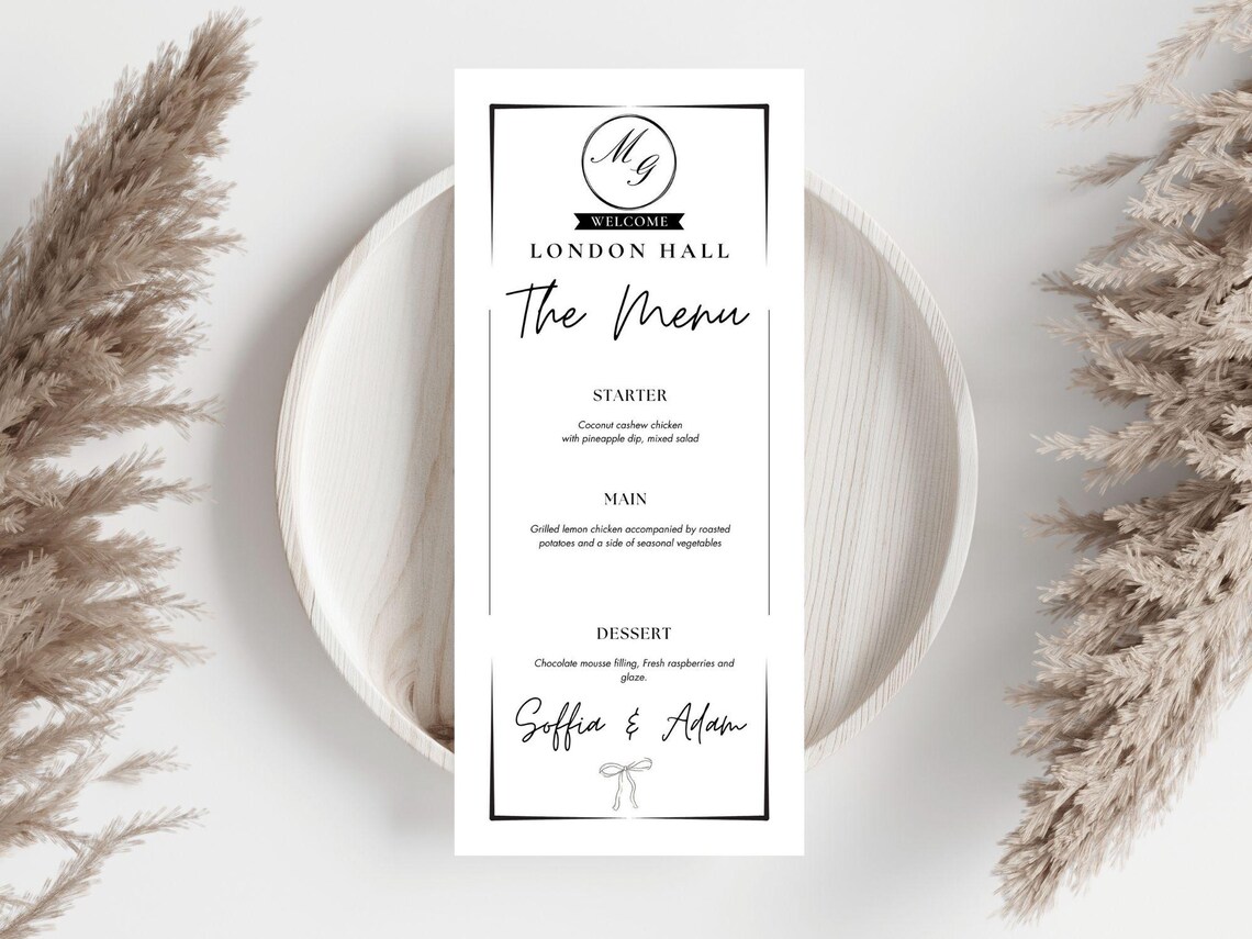 Minimalist Wedding Menu Template, Modern Script Wedding Dinner Menu ...