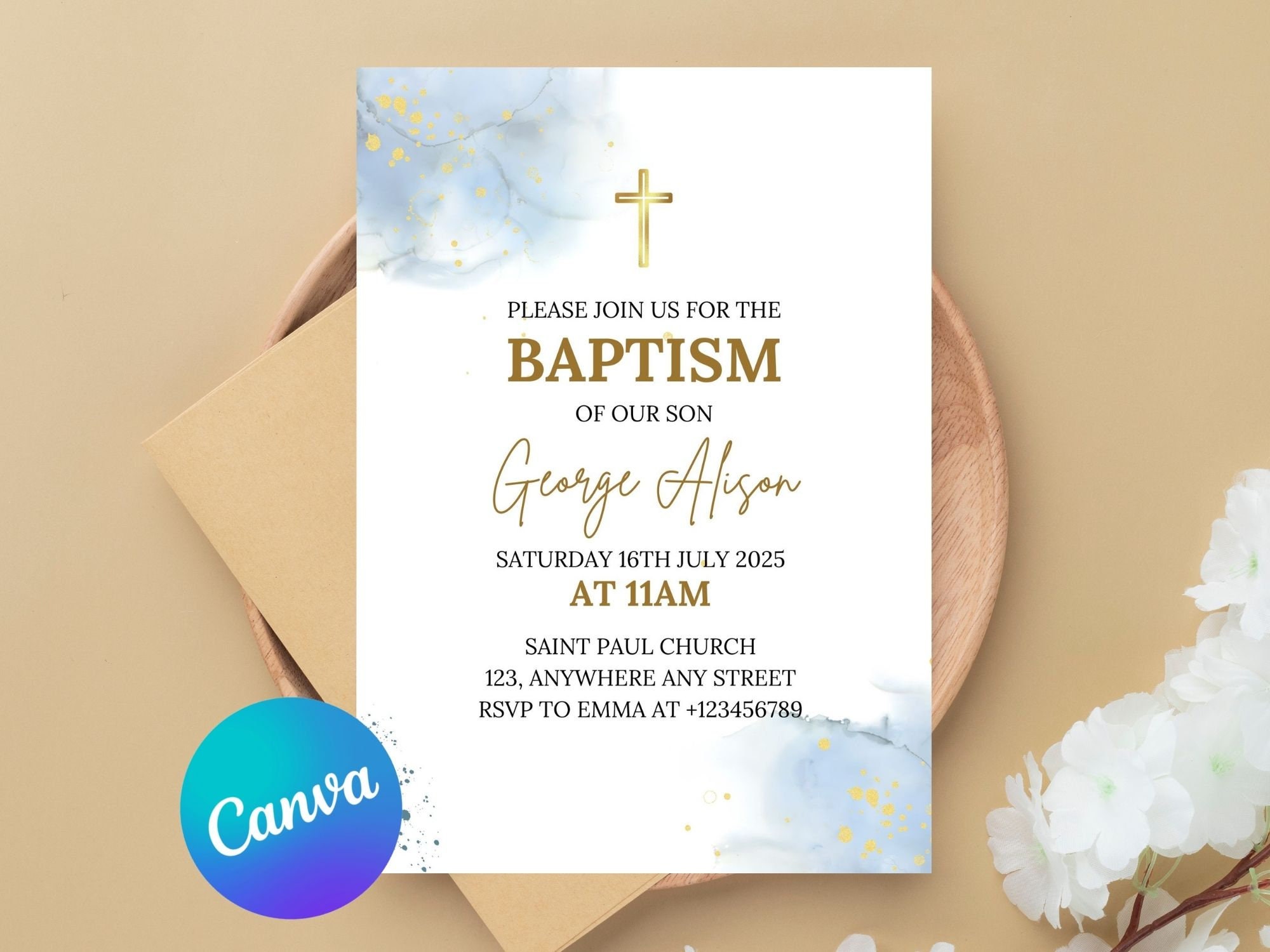 Modern Christening Invitation, Boy Baptism Invitation Template, Blue ...