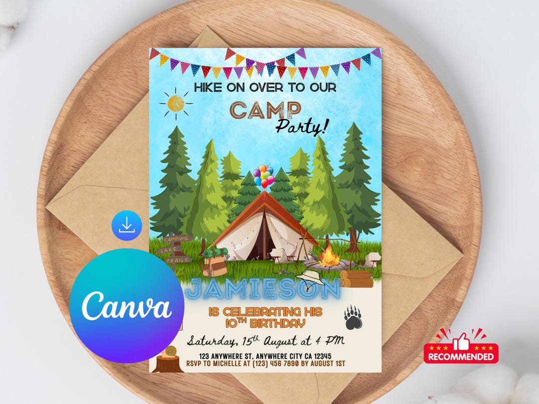 Editable Camping Party Invitation Digital Camp Theme Birthday Invite ...