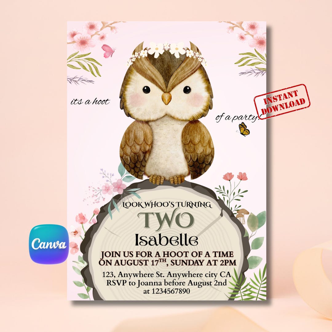Owl Birthday Invitation: “who is Turning 2” Editable Canva Template ...