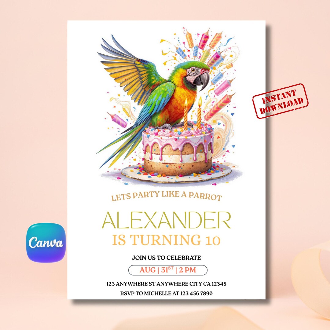 Tropical Parrot Birthday Invitation for Kids, Editable Canva Digital ...