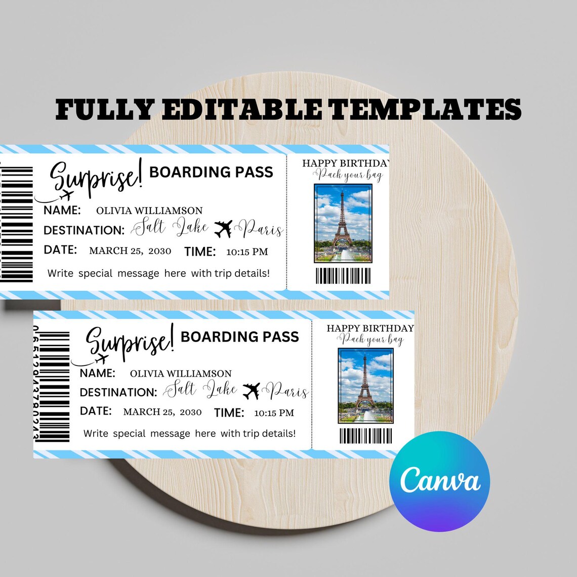 Editable Boarding Pass Template, Printable Personalized Airline Ticket ...