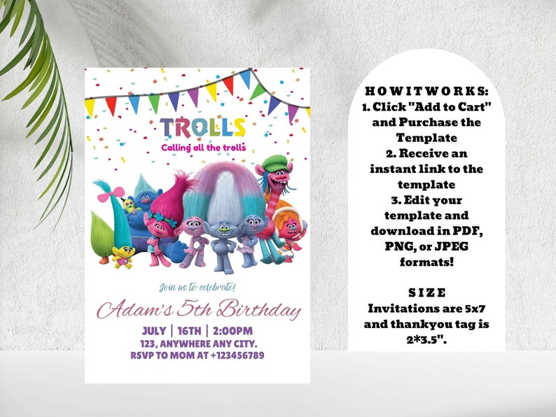 Troll Birthday Invitation Card / Editable Birthday / Kids Birthday ...