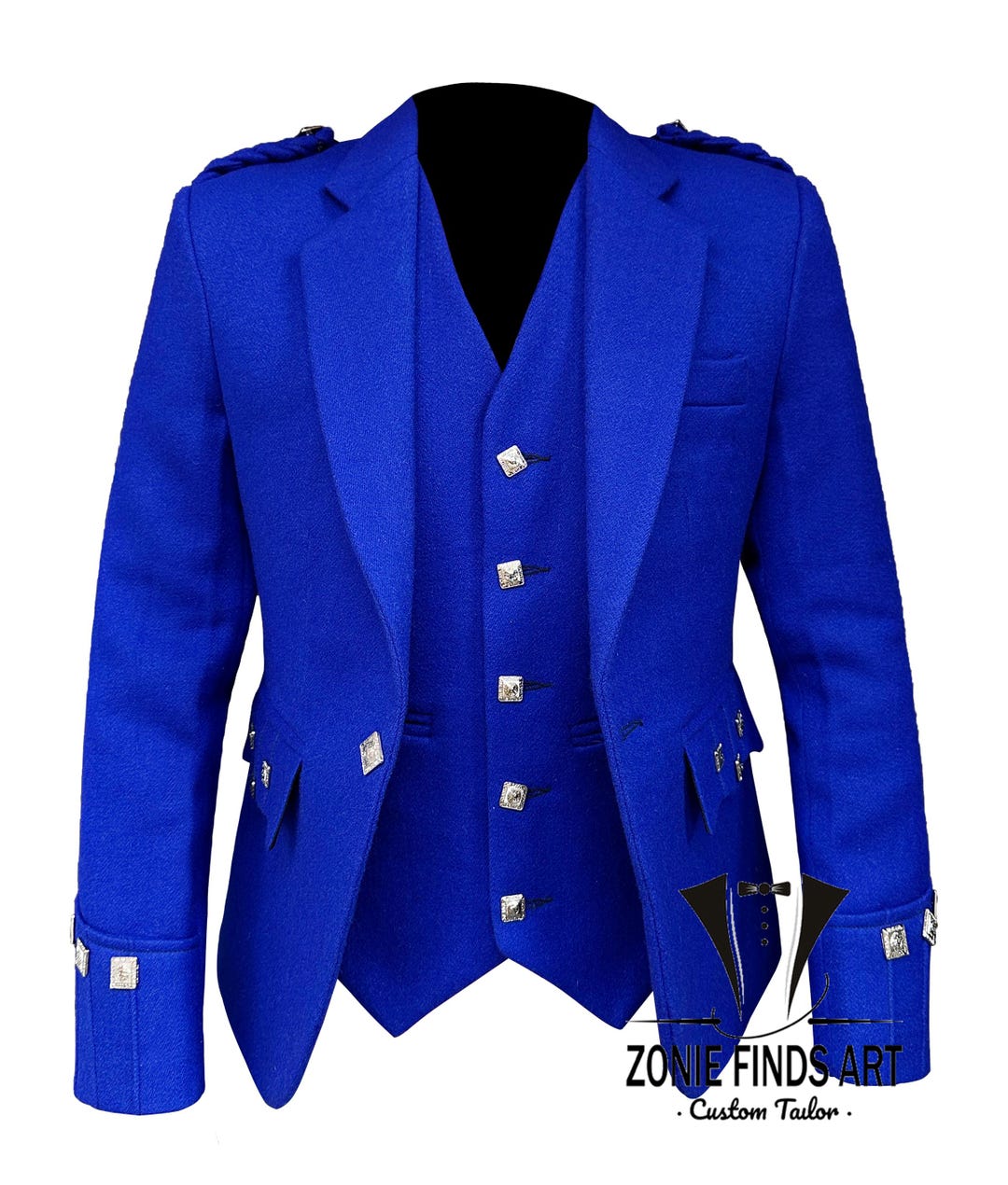 Men's Scottish Argyle Kilt Jacket With Waistcoat 100% Royal Blue Wool ...