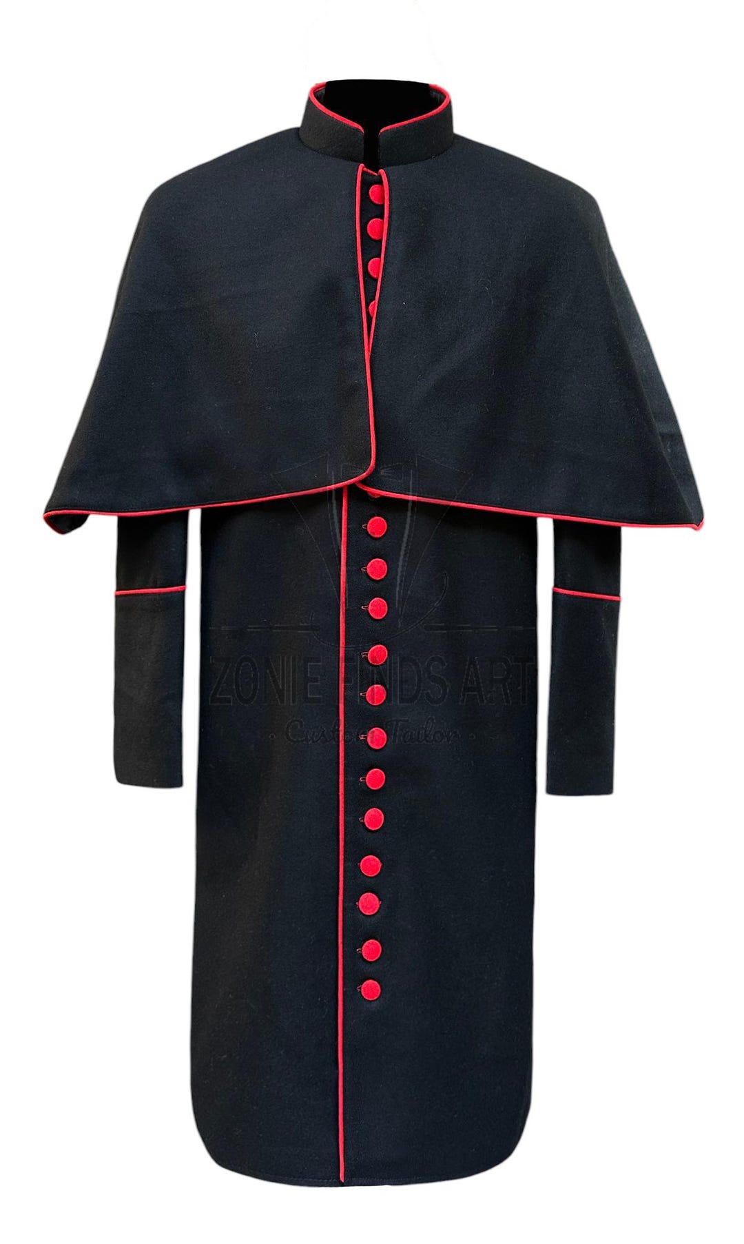 Black Clergy Cassock With Red Trim Cape Coat | Tailored Liturgical ...