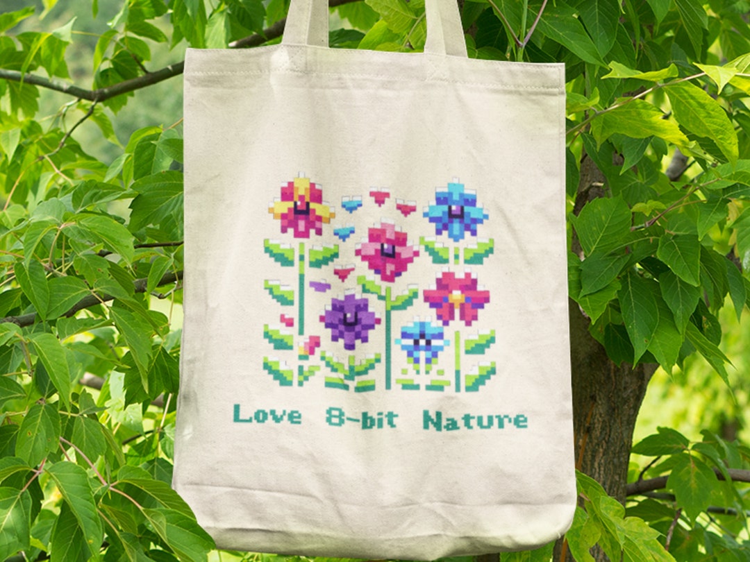 Pixel Art Wildflower Tote Bag, Eco-friendly Cotton Canvas, Retro Pixel ...